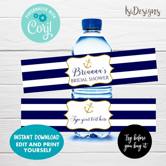 Nautical water bottle labels, Instant Download, editable favor labels ...