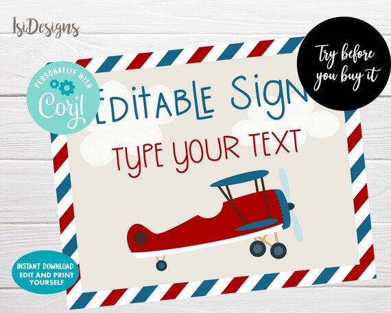 Editable Sign, Airplane Baby Shower, Birthday Decoration, Instant ...