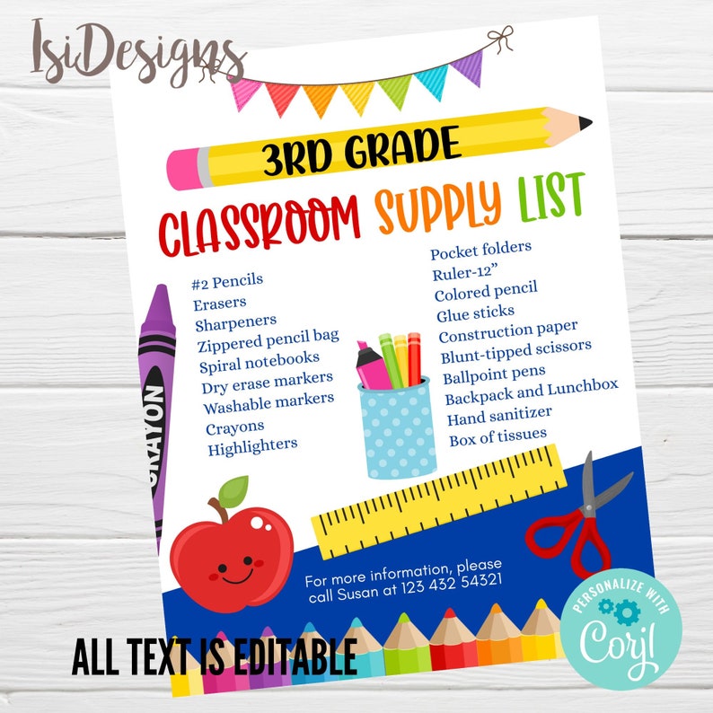 Editable School Supply List, Classroom Supply List for Teachers, Back ...