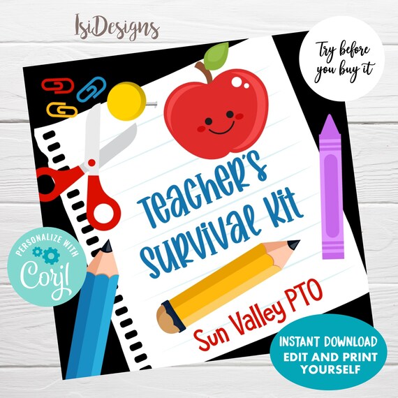 Teacher survival kit gift tags, Back to school Editable Favor Tag, PTO ...