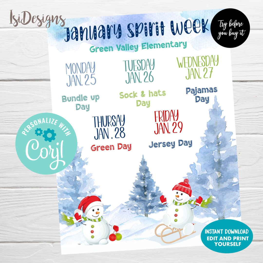 January Spirit Week Editable Flyer, Winter Planner, Editable Week ...