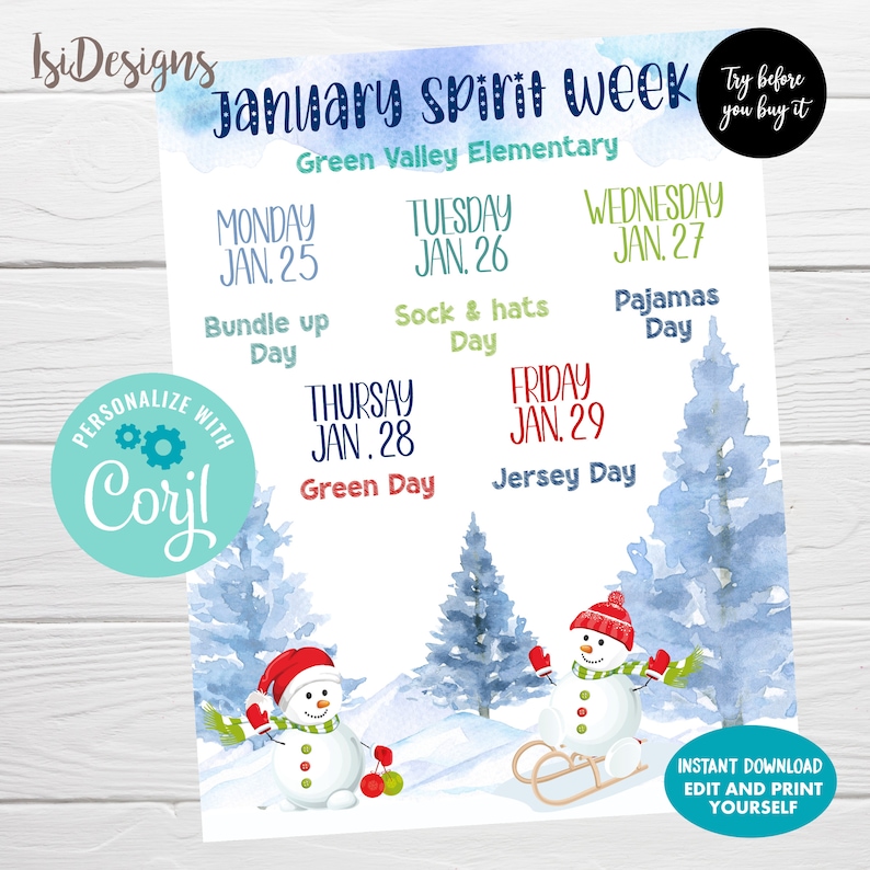 January Spirit Week Editable Flyer Winter Planner Editable - Etsy