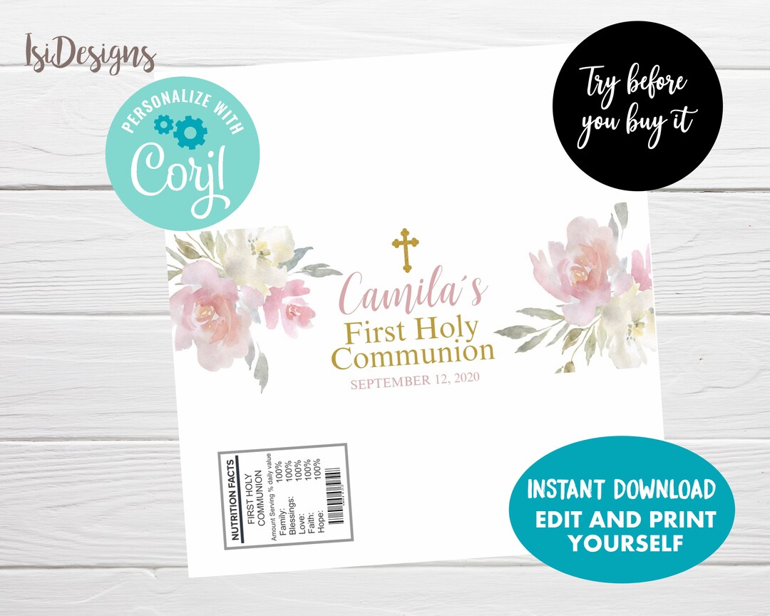 Floral First Holy Communion Chocolate Bar Wrapper, Baptism Favors ...