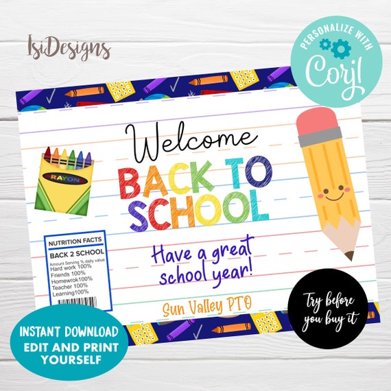 Back to School Chip Bag, Instant Download, PTO/PTA Editable Snack Bag ...