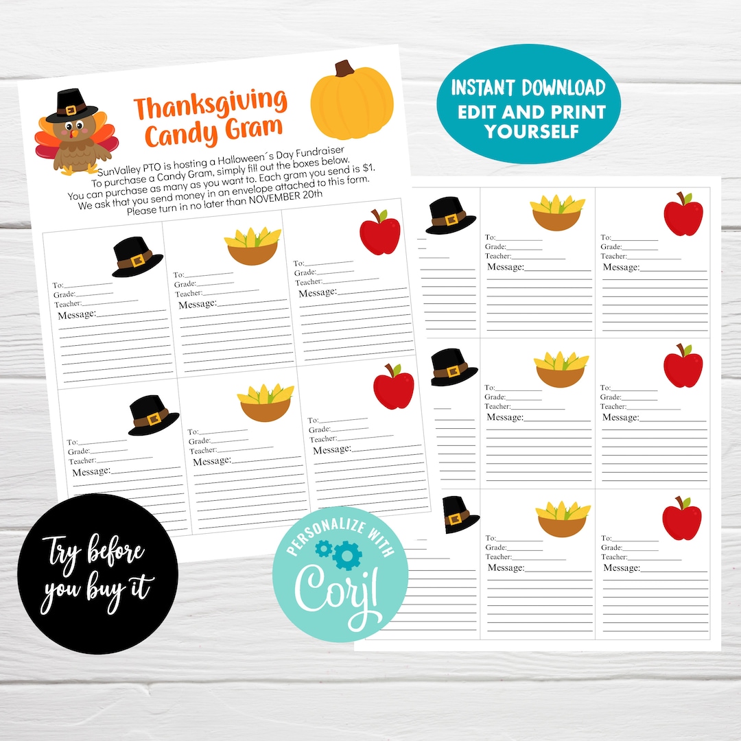 Thanksgiving Candy Gram Editable Template, PTO / PTA School Fundraiser ...