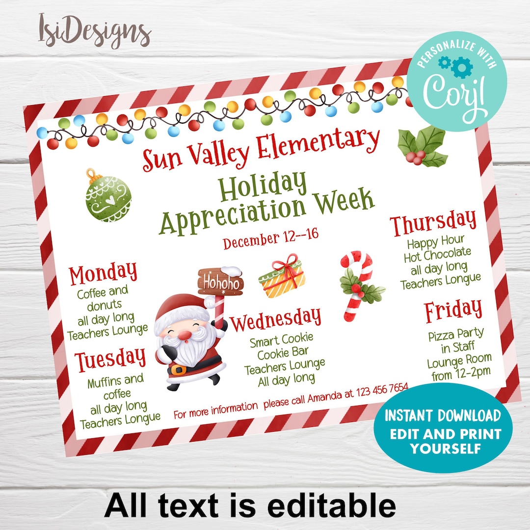 Christmas Appreciation Week Schedule, Instant Download, Editable ...