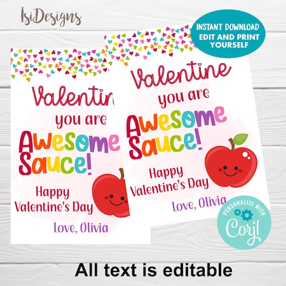Valentine's Day Editable Tag, Awesome Sauce Valentine Gift Tags, Non ...