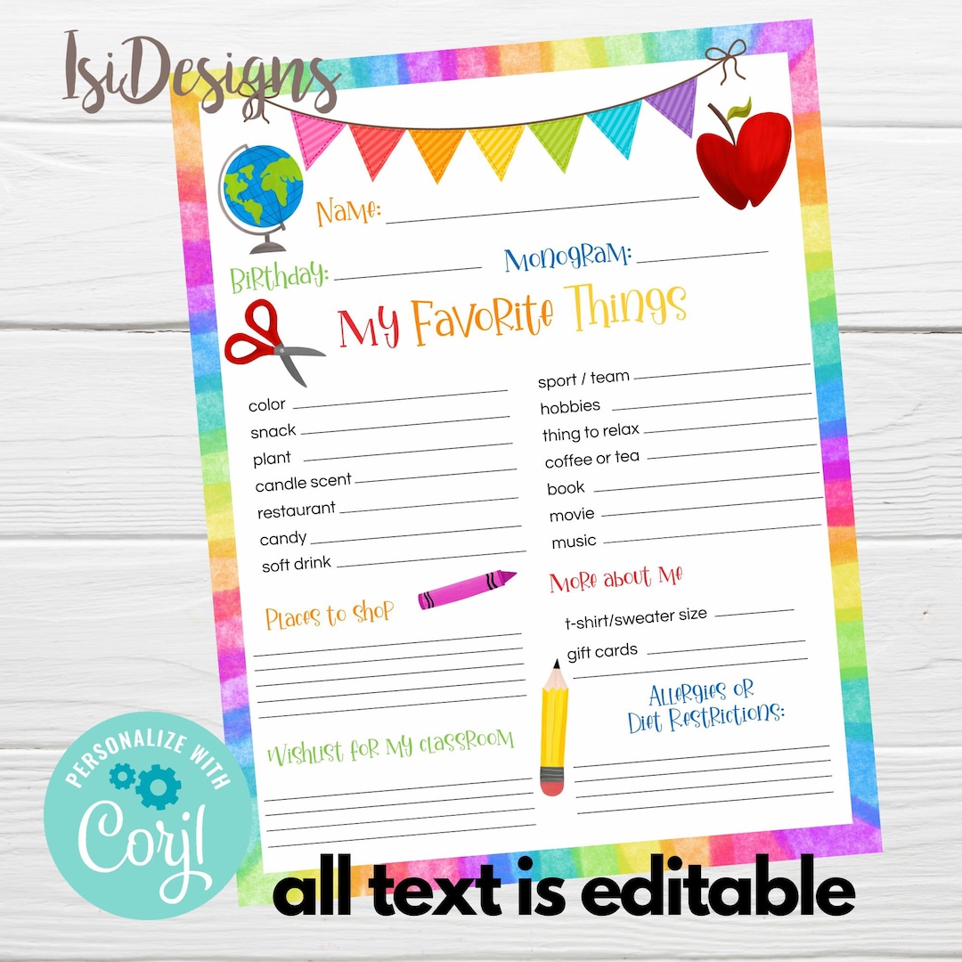 Teacher Survey, Instant Download, Editable Teacher's Favorite Things ...