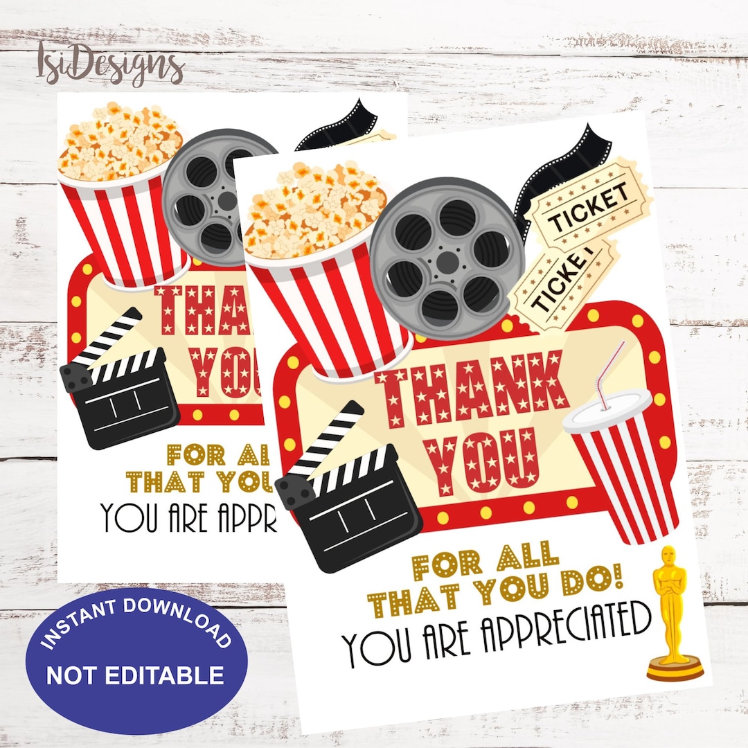 Movie Themed Thank You Tags, PTA PTO Teachers Staff Nurse Employee ...
