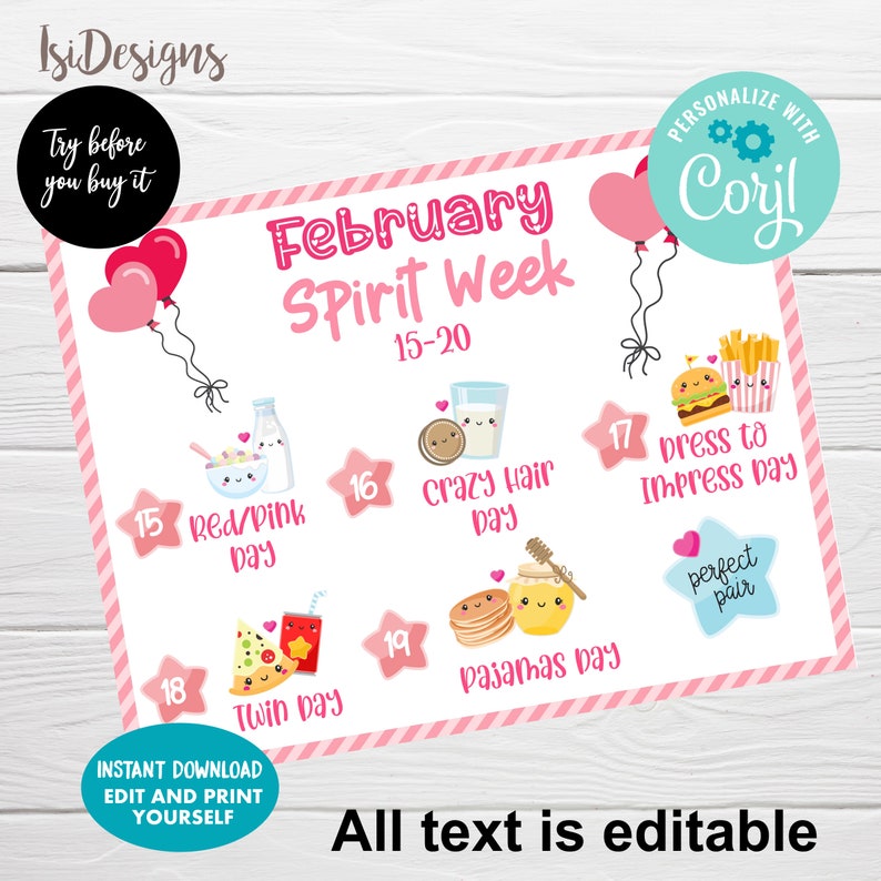 February Spirit Week Editable Flyer Printable Week Schedule | Etsy