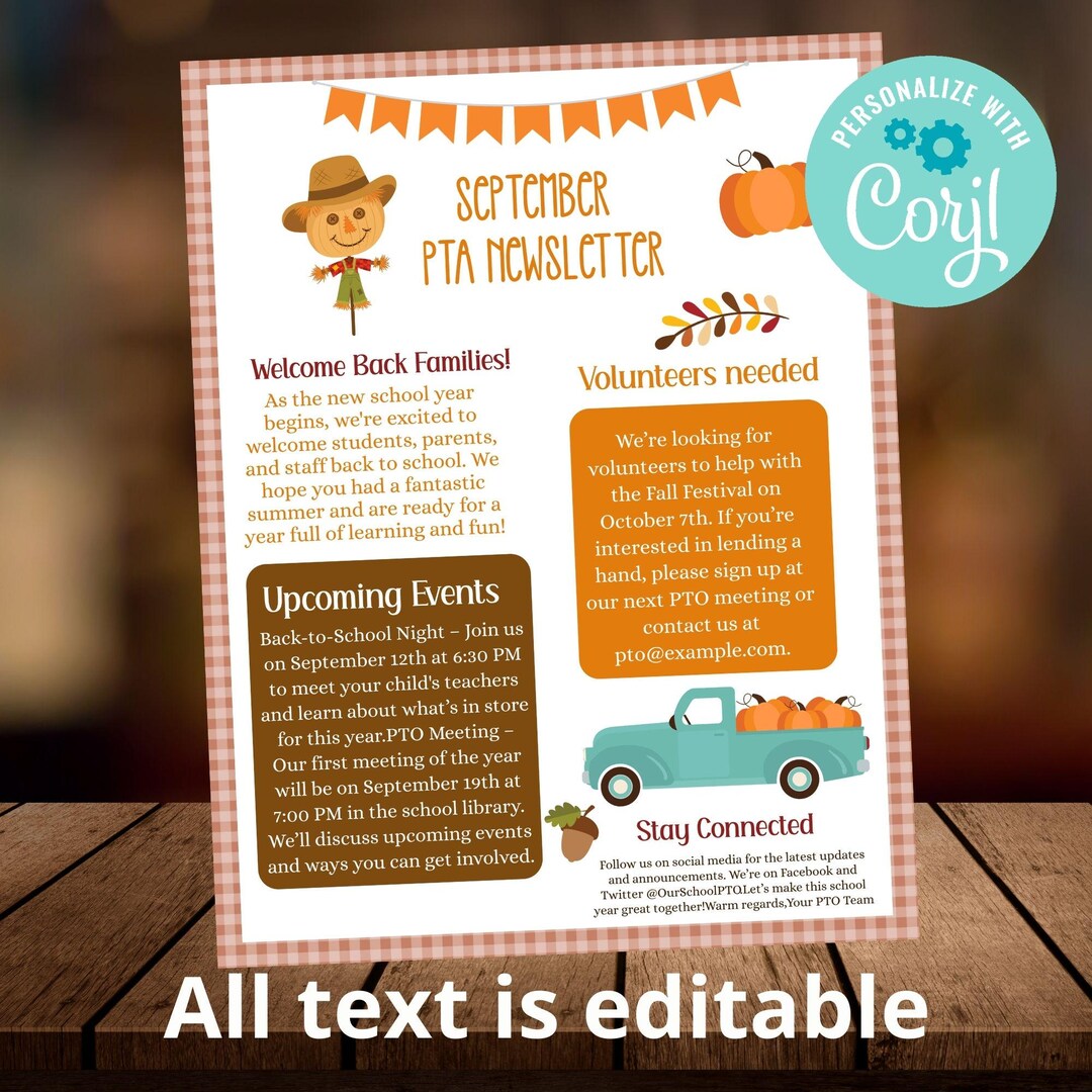 September Editable School Newsletter, Back to School Letter, School PTA ...