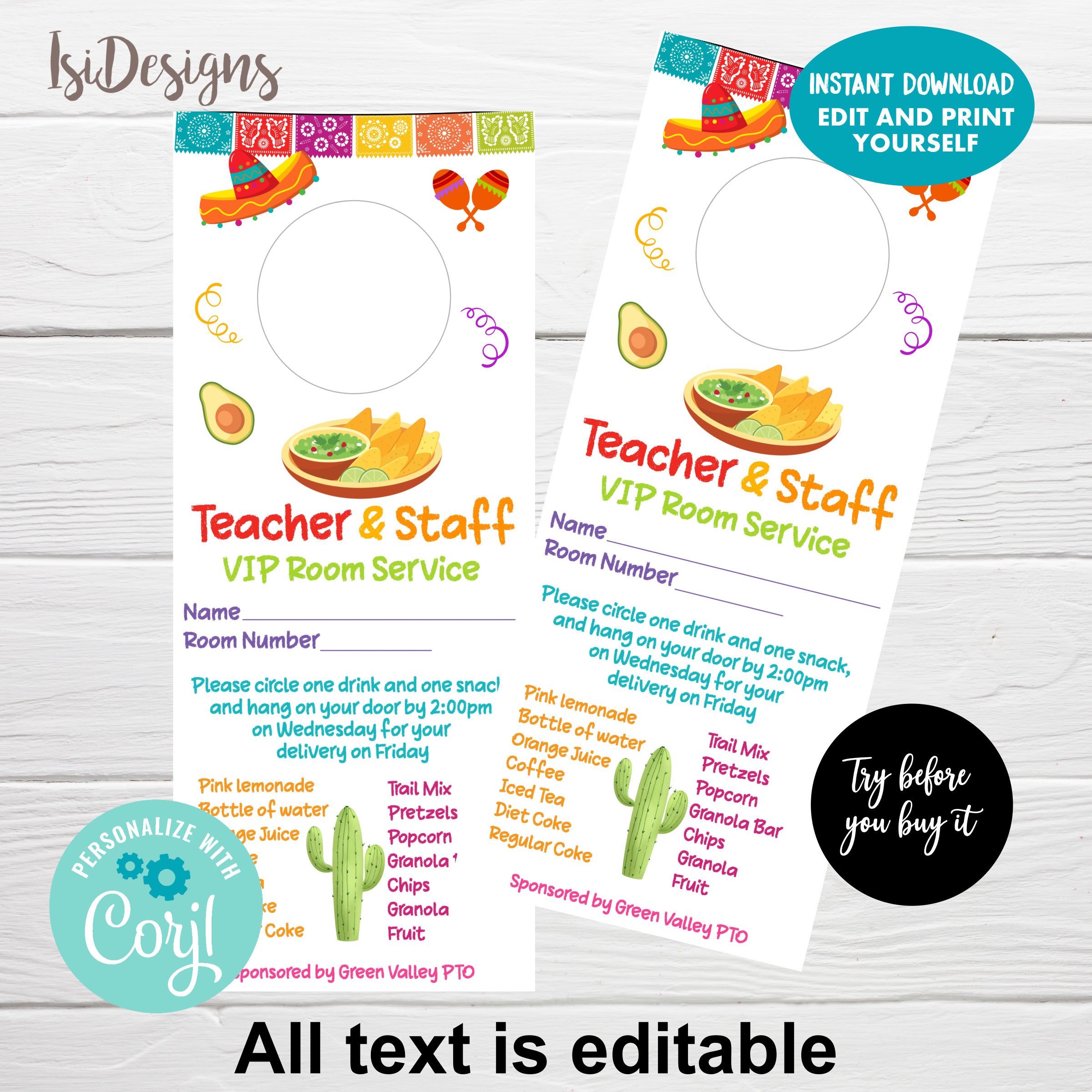 Nacho Average Teacher & Staff VIP Room Service Door Hanger, Instant ...