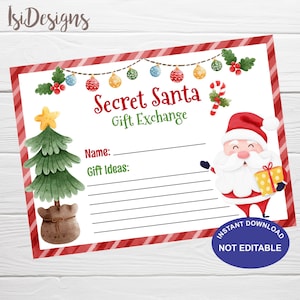 Secret Santa Gift Exchange Cards, Instant Download, Santa Wish List ...
