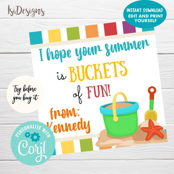Editable Favor Tags, Bucket of Fun Gift Tags, Instant Download, Summer ...