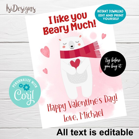 Bear Valentine's Day Tags , I like you Beary Much Valentines Exchange ...