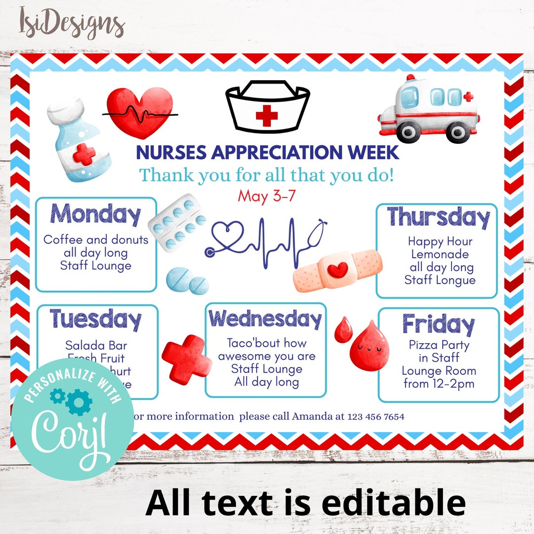 Nurses Appreciation Week Planner Flyer Calendar, Editable Medical ...