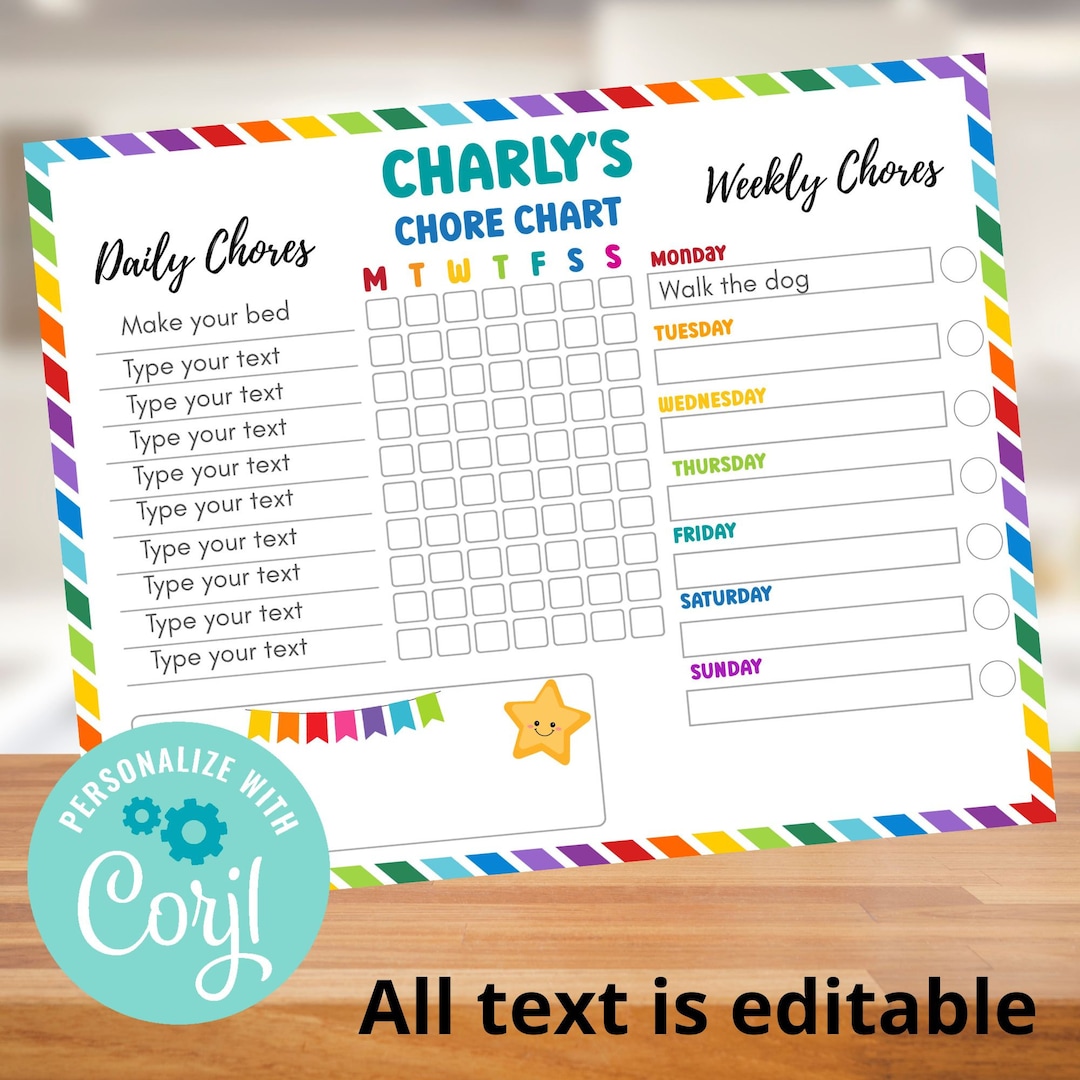 Weekly Chore Chart for Kids, Editable Responsibility Chart, Printable ...