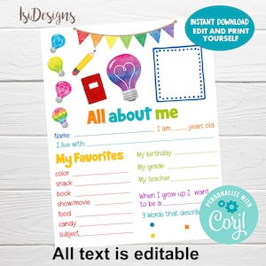 All About Me Printable, Editable About Me Questionnaire Template, First ...