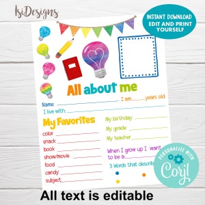 All About Me Poster Printable Worksheet Back to School Template First ...