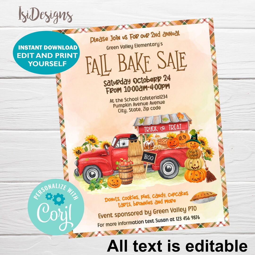 Fall Bake Sale Editable Flyer, Fall Festival Invitation, Autumn Bakery ...
