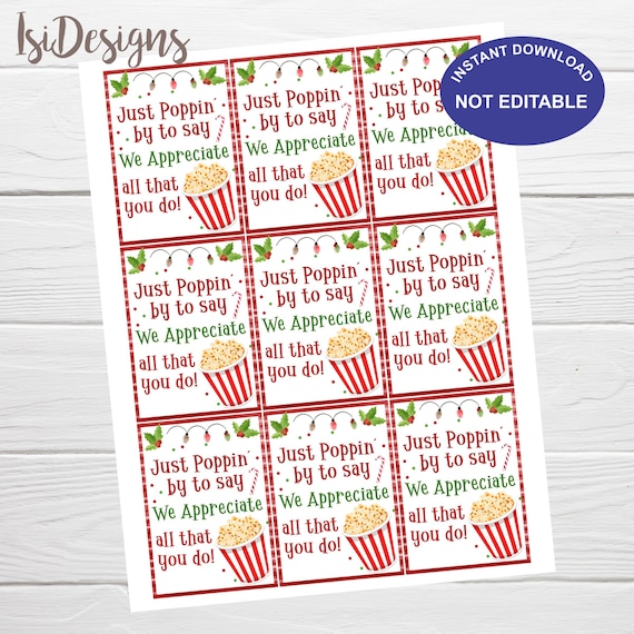 Popcorn Christmas Appreciation thank you tags, Instant Download ...