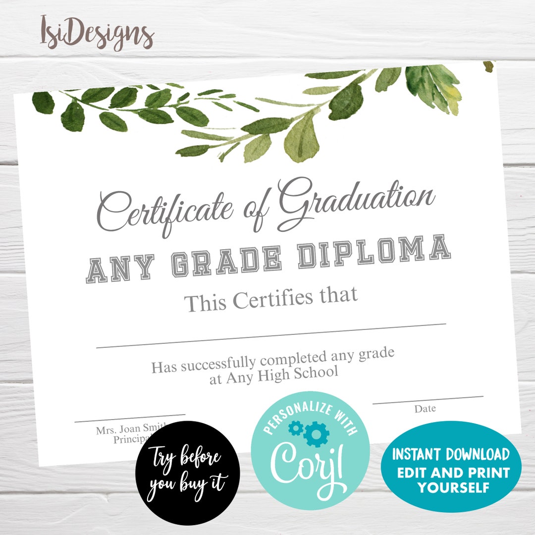 Editable Graduation Certificate, Instant Download, High School Diploma ...