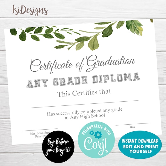 Editable Graduation Certificate, Instant Download, High School Diploma ...