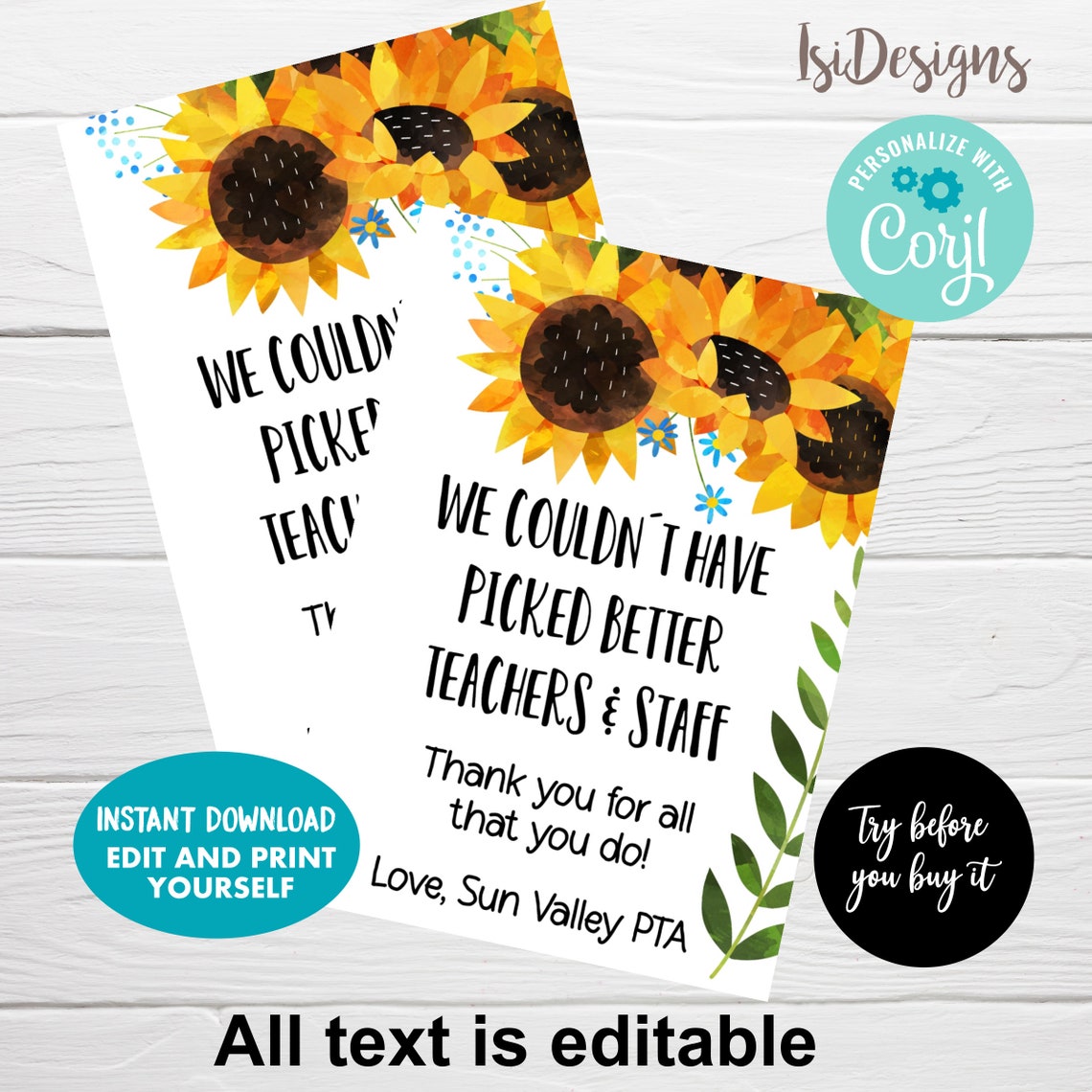 Teacher Appreciation Printable Tag Sunflower Editable Thank - Etsy