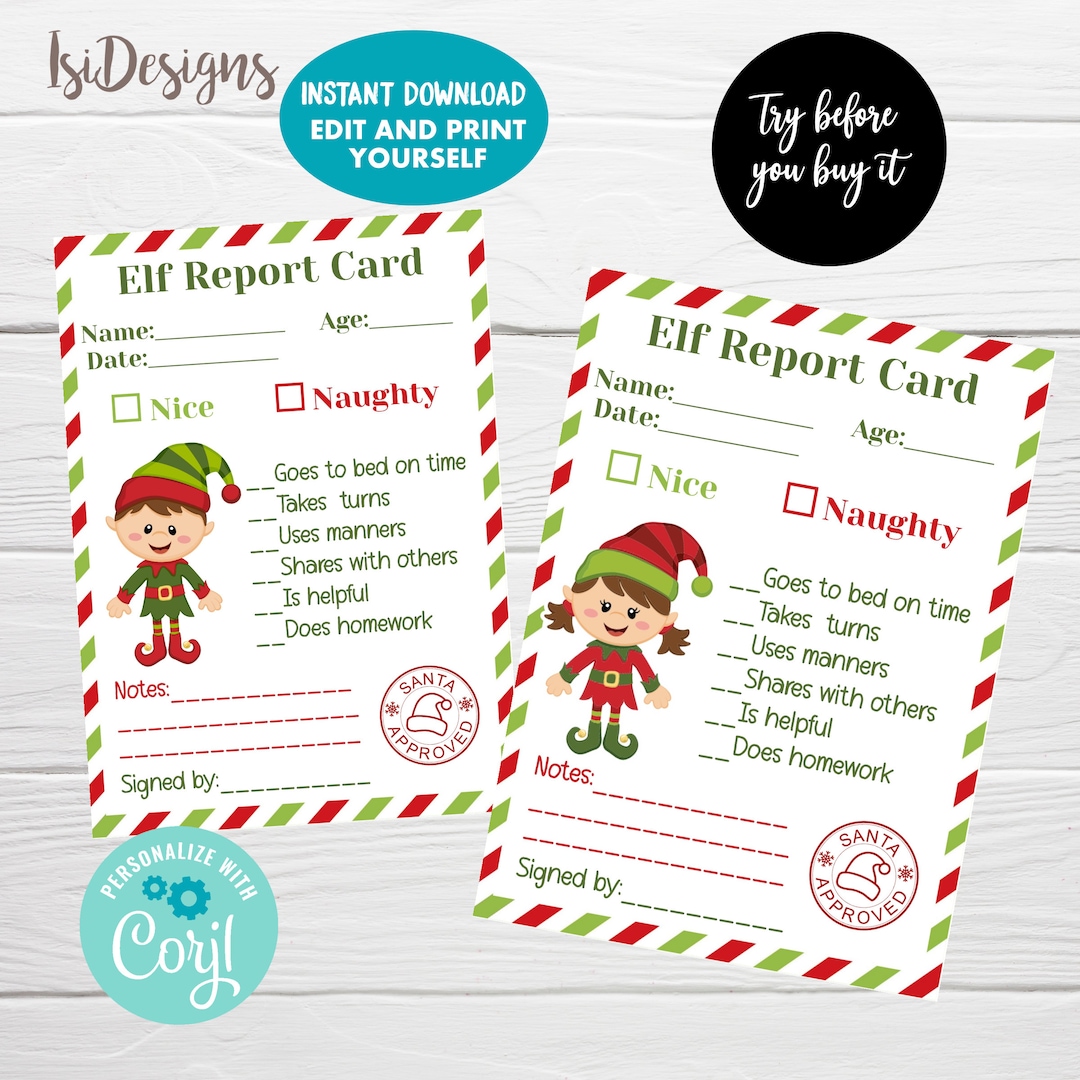 EDITABLE Elf Report Card, Naughty or Nice Behavior, Boy and Girl ...