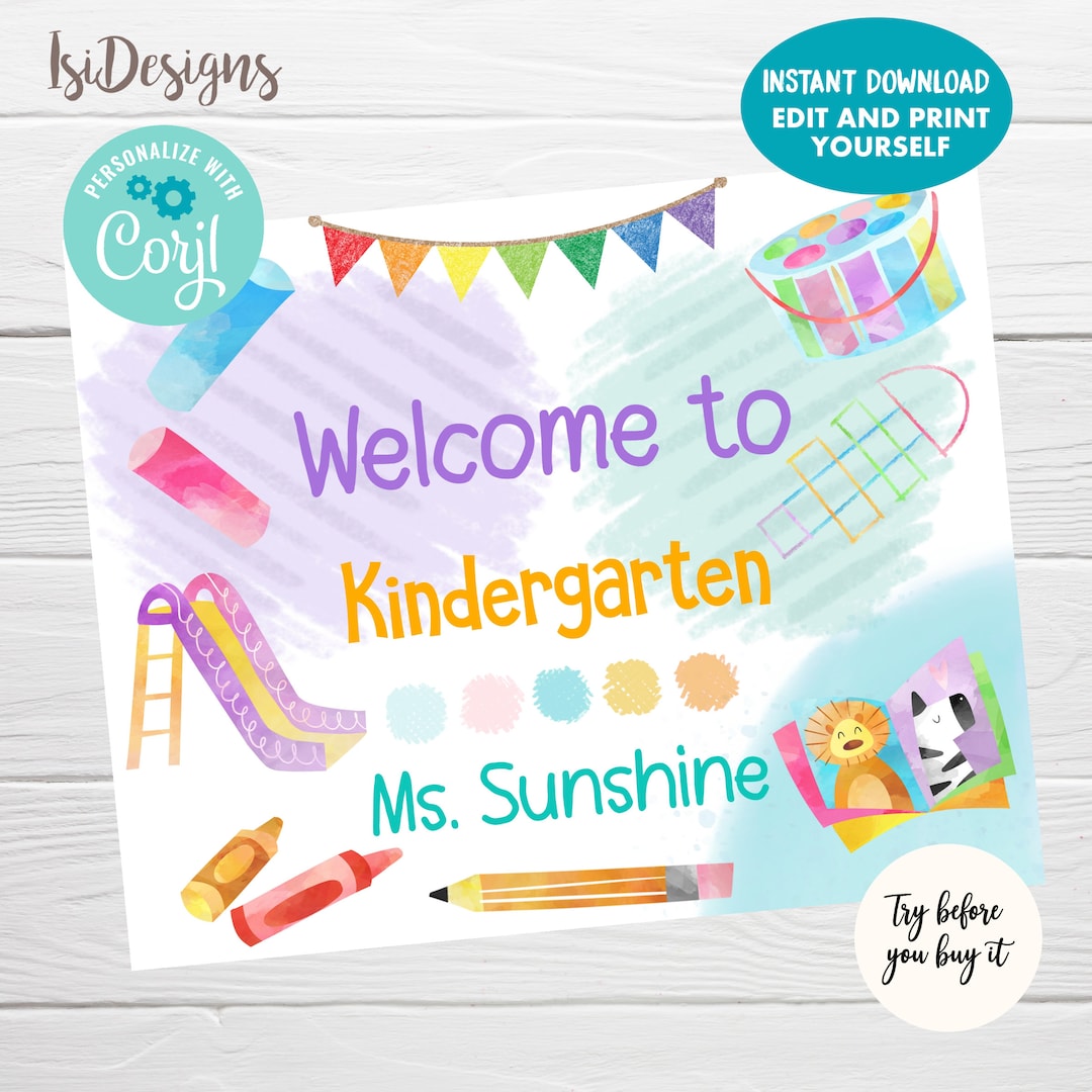 Welcome to Kindergarten Sign, Editable Classroom Door Sign, Instant ...