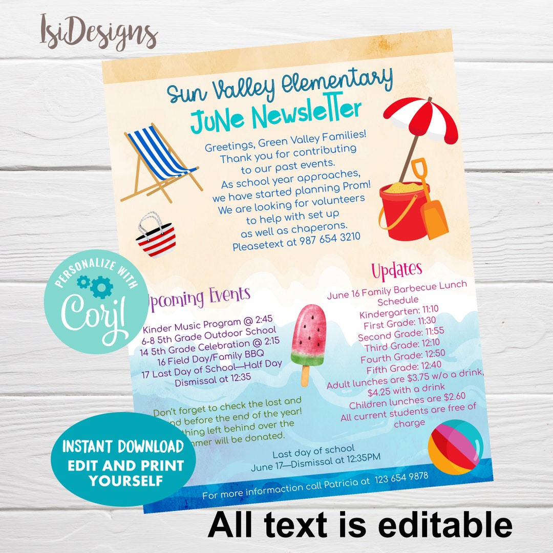 June PTO PTA Editable Newsletter, June Flyer Template, School ...