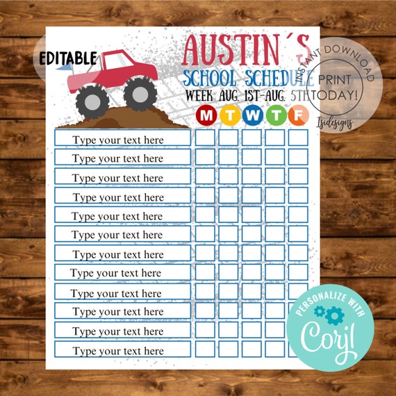 Monster Truch School Schedule, Editable Daily Weekly Routine Checklist ...