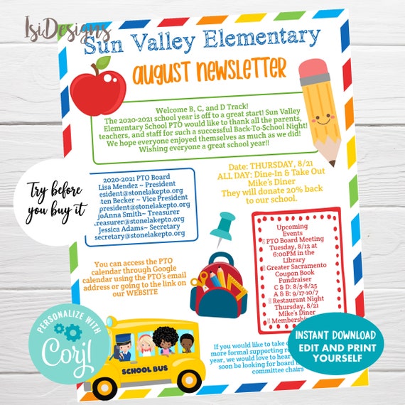 August PTO PTA Newsletter, School Events Editable Flyer, Instant ...