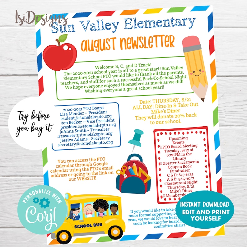 August PTO PTA Newsletter, School Events Editable Flyer, Instant ...