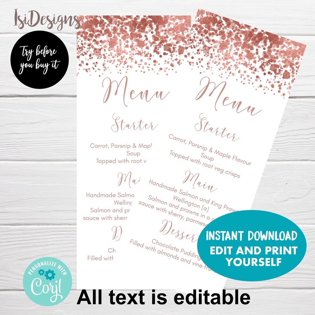 EDITABLE Rose Gold Menu Card, Instant Download, Dinner Template Card ...