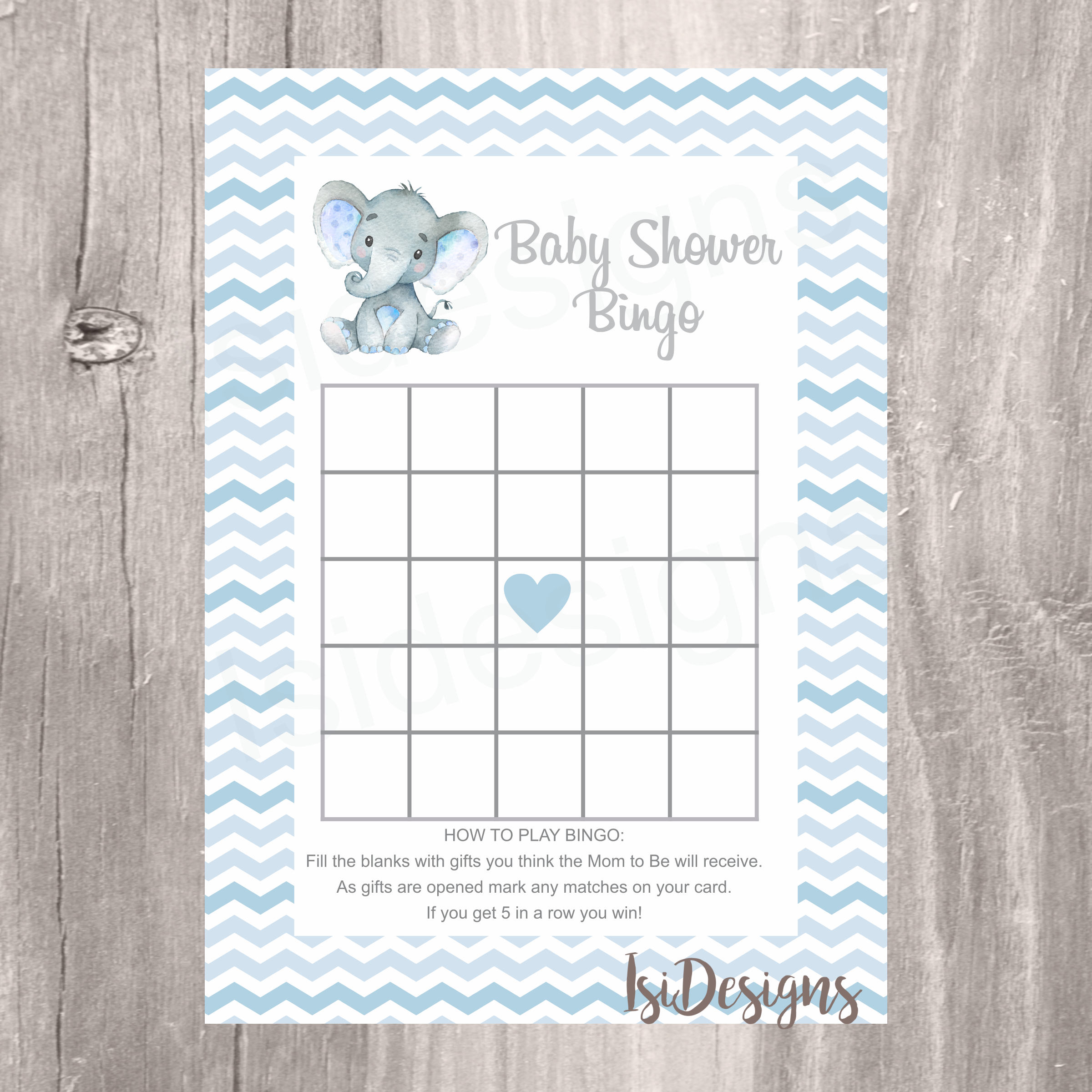 Blue Elephant and Stars Design Baby Shower Bingo Baby Shower Game ...
