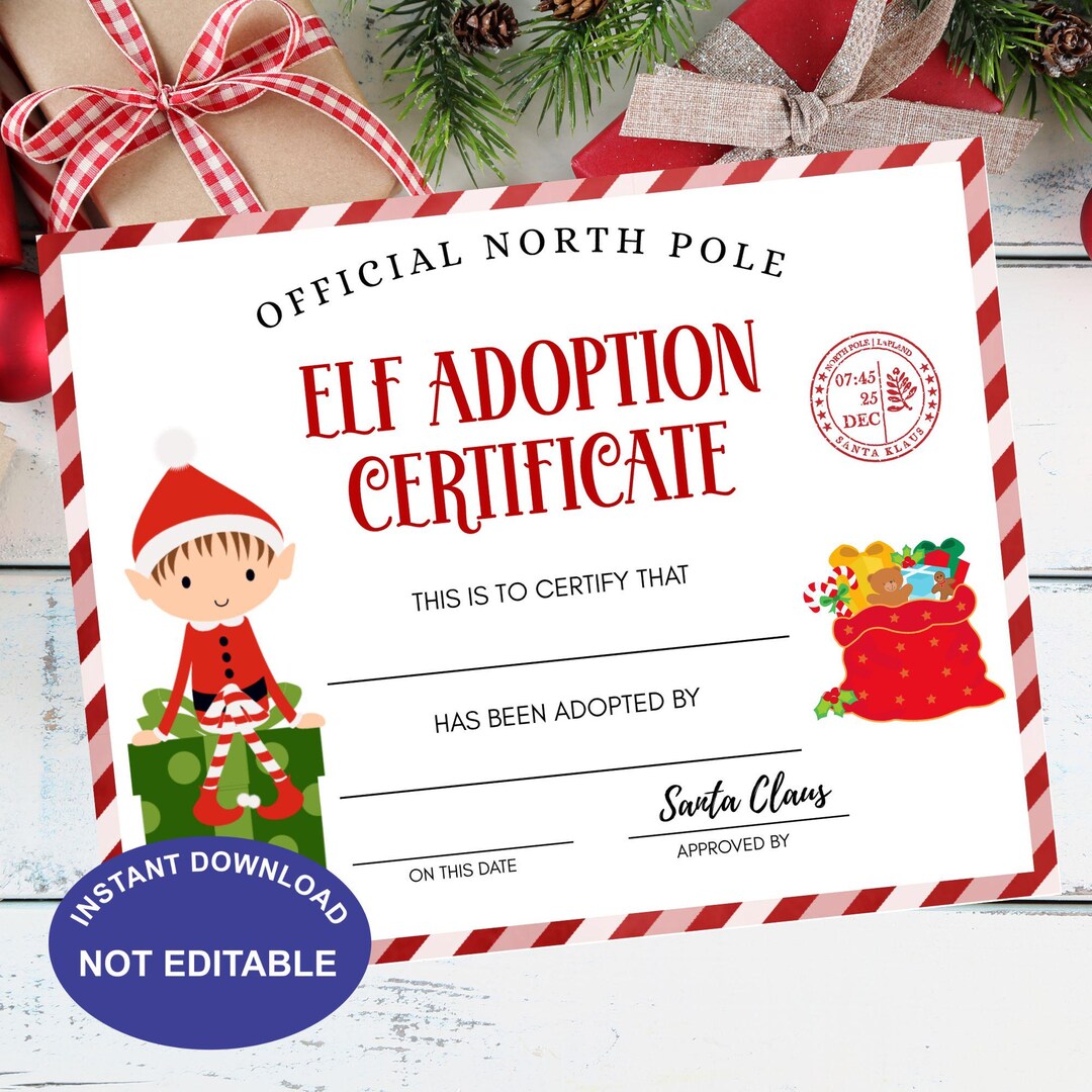 Printable Elf Adoption Certificate, Elf Arrival, Kids Holiday Activity ...