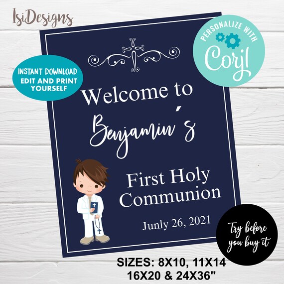 First Communion Welcome Sign, Navy Communion Sign, Editable Boy Holy ...