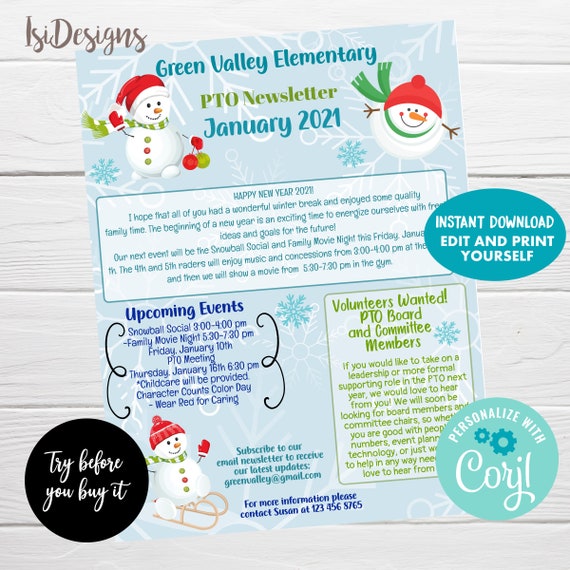 January PTO PTA Editable Newsletter, School Winter Flyer, Instant ...