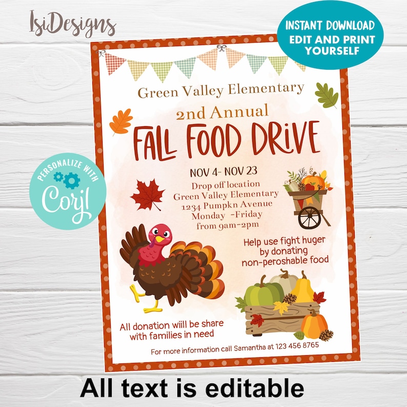 Thanksgiving Food Drive Flyer, Editable Fall Food Drive Poster, Instant ...