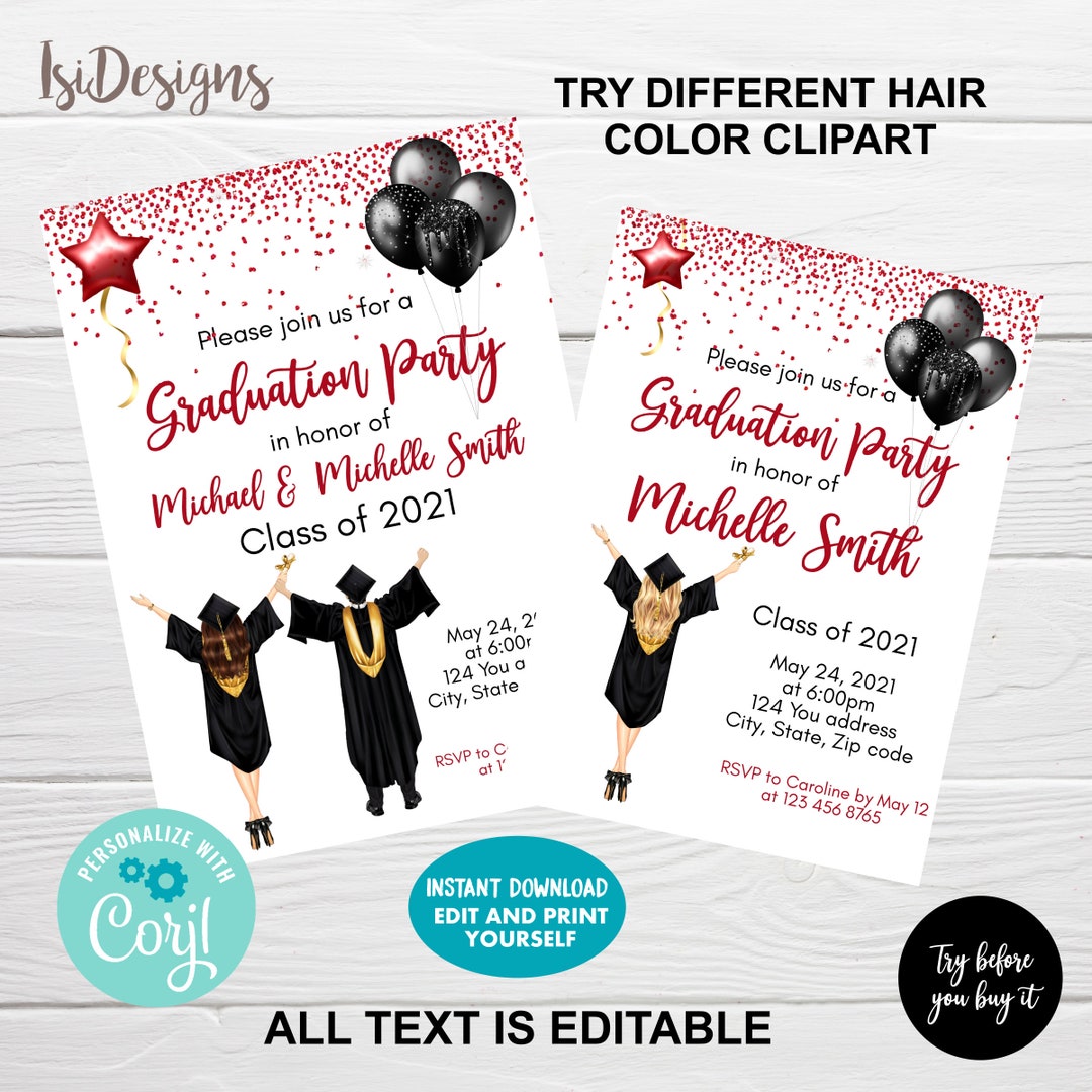 Graduation Invitation, Editable Black and Red College Graduation Party ...