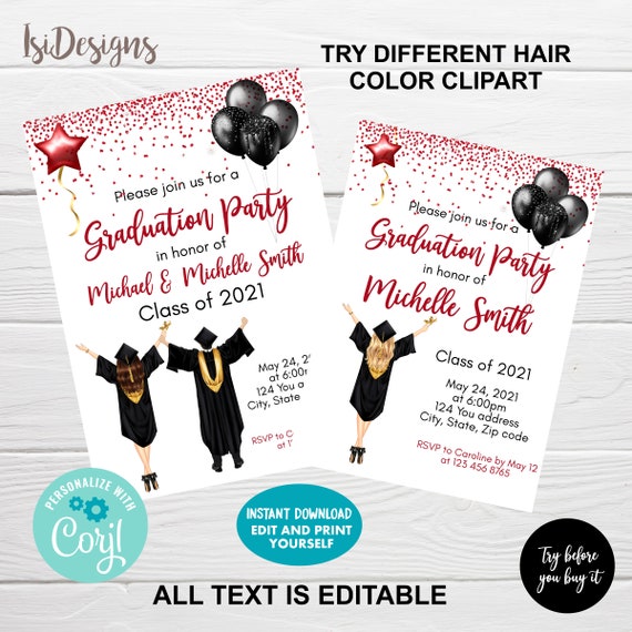 Graduation Invitation Editable Black and Red College | Etsy