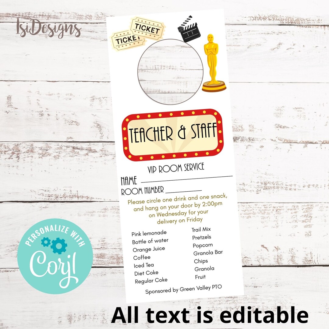 Room Service Door Hanger Teacher & Staff VIP Appreciation Week, Instant ...