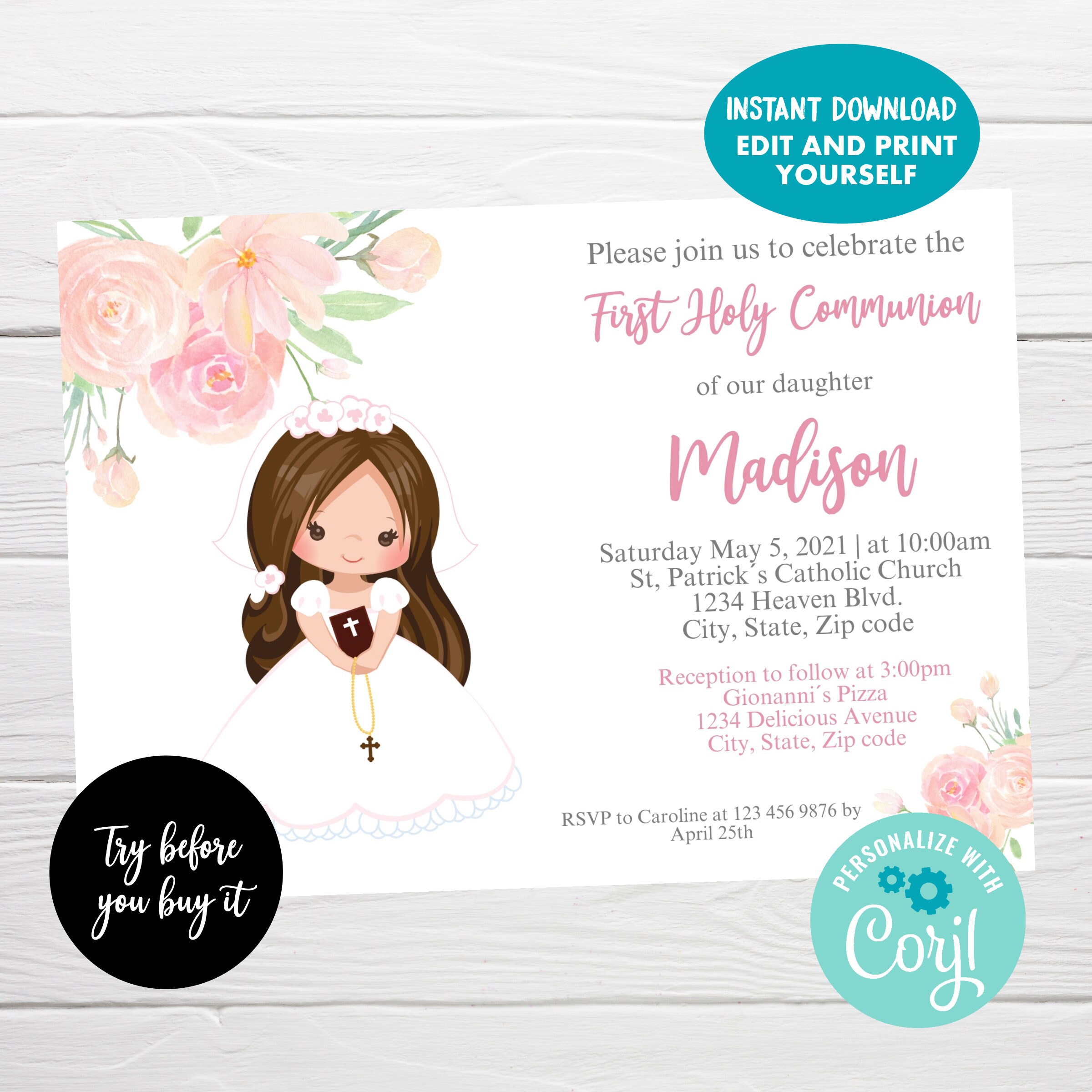 First Holy Communion Editable Invitation Girl Floral | Etsy