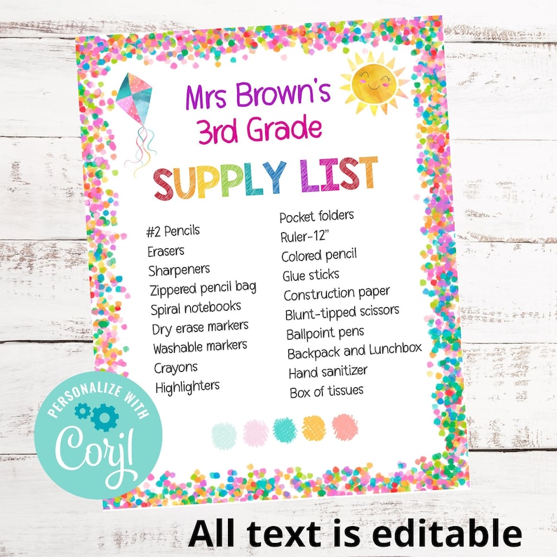Editable School Supply List, Instant Download, Elementary School ...
