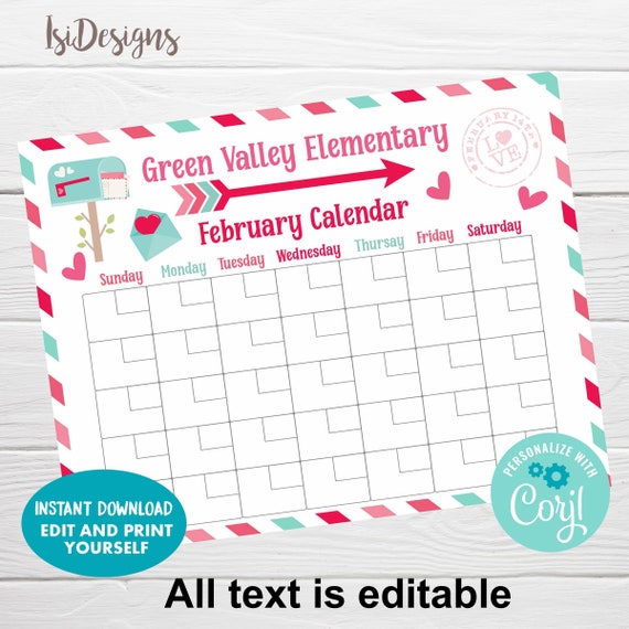 February Editable Calendar, Instant Download, February Schedule, PTO ...