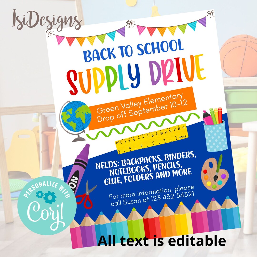 School Supply Drive Flyer, Editable PTA PTO School Supplies Fundraiser ...