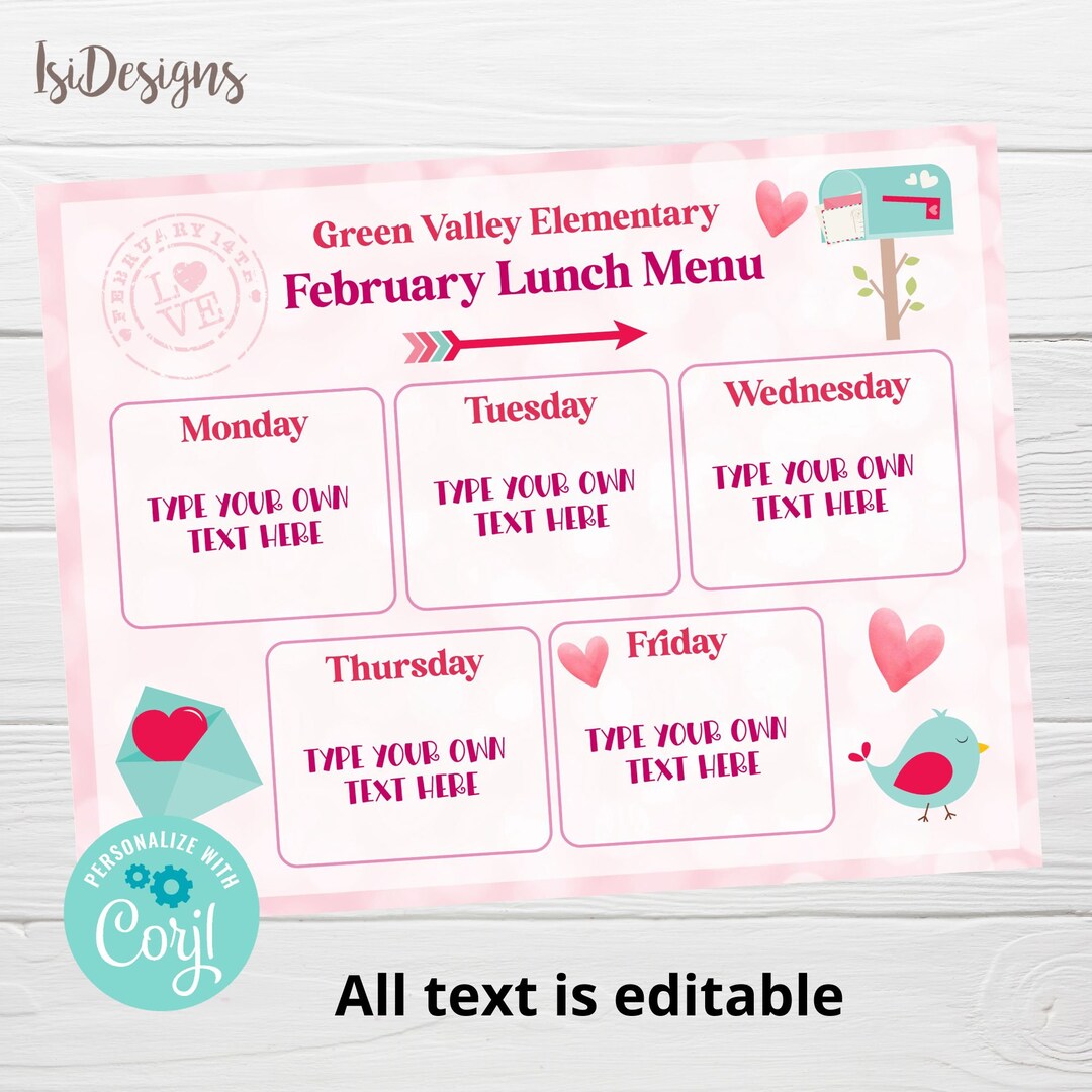 February Weekly Lunch Menu Planner, Editable Healthy Lunch Menu ...