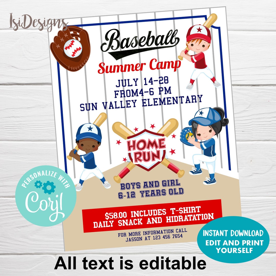 Baseball Camp Editable Flyer, Kids Summer Activities Invitation ...