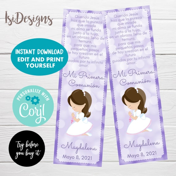 Lilac First Holy Communion Bookmark Favors, Editable Communion Favors ...